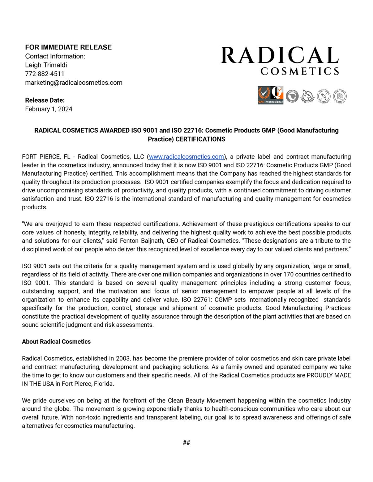 ISO 9000 & CGMP Press Release | Radical Cosmetics